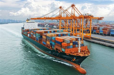 Large Cargo Ship Navigating Through A Busy Port With Colorful Shipping Containers During The Day