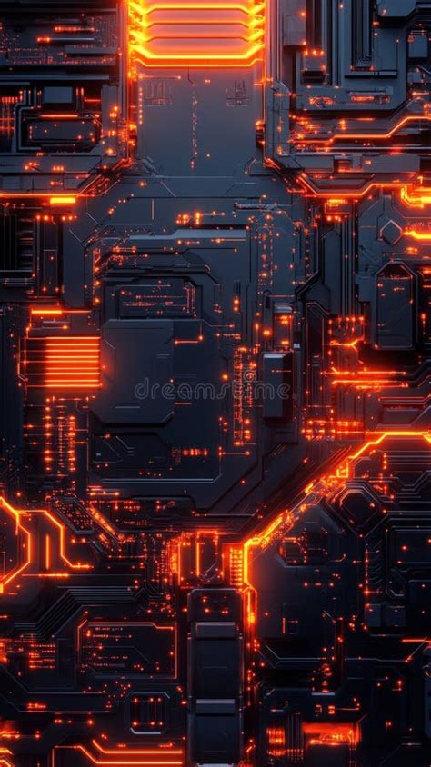 Futuristic Circuit Board Glowing With Orange Lights At Night Stock Illustration Illustration