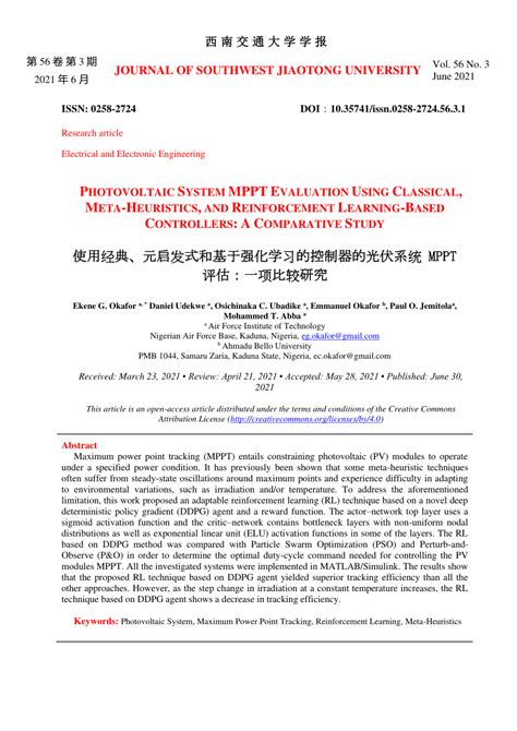 Pdf Photovoltaic System Mppt Evaluation Using Classical Meta Heuristics And Reinforcement