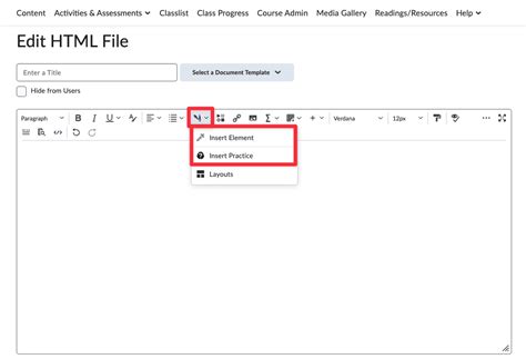 Inserting Elements And Practices Using Creator In The Classic Content