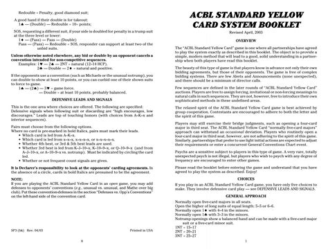 Acbl Standard Yellow Card System Booklet Bridge Guys