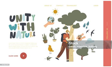 나무 껍질을 껴안고 남성 캐릭터 방문 페이지 템플릿입니다 자연과의 단합 지구를 구하고 생태 보호 개념에 대한 스톡 벡터 아트 및 기타 이미지 Istock