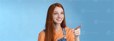 Adorable Kind Gentle Good Looking Redhead Girl Look Pointing Left Amused Smiling Astonished