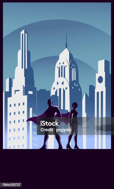 벡터 복고풍 아르 데코 스타일 슈퍼 히어로 커플 실루엣 포스터 일러스트 아르데코에 대한 스톡 벡터 아트 및 기타 이미지 아르데코 초영웅 도시 Istock