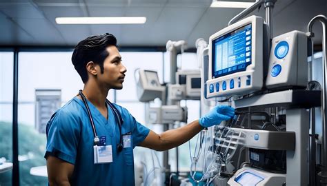 A Nurse Carefully Adjusting The Settings On A Ventilator For A Patient In The Icu Premium Ai
