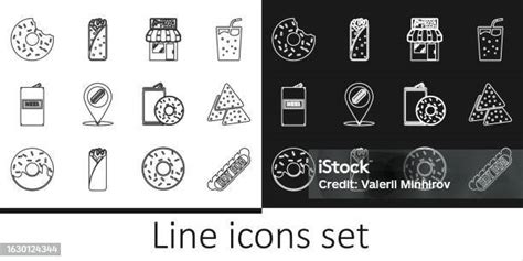 세트 라인 핫도그 샌드위치 나초 피자 가게 건물 외관 핫도그 맥주 캔 도넛 알루미늄 소다 도넛 및 부리토 아이콘이 있는 위치 벡터 0명에 대한 스톡 벡터 아트 및 기타