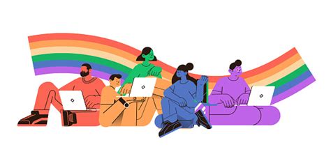 노트북을 사용하는 Lgbt 무지개 깃발을 가진 다채로운 사람들 게이 레즈비언 사랑 퍼레이드 프라이드 축제 트랜스젠더 사랑 개념 Film Festival에 대한 스톡 벡터