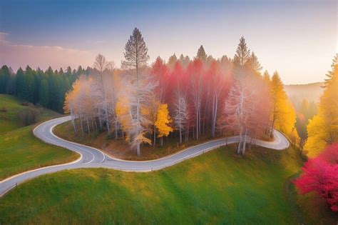 Premium Photo Vertical Shot Of A Curvy Road In A Forest Covered In Yellowing Trees And Dried