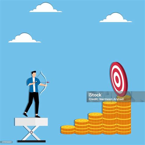 재정적 목표를 달성하기 위한 노력 부 추구 투자 개념의 야망 동전 더미에서 목표를 목표로 하는 양궁 사업가 개발에 대한 스톡