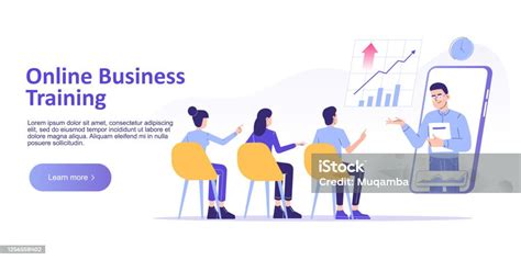 온라인 비즈니스 교육 또는 코스 개념 사람들은 컨퍼런스에 앉아 스마트폰 화면에서 웨비나를 보고 있습니다 웹 사이트에 대한 방문 페이지 템플릿입니다 웹 배너에 대한 격리된