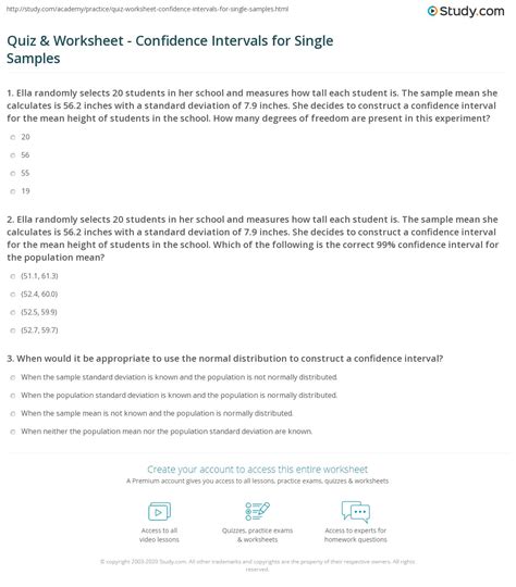 quiz and worksheet confidence intervals for single samples