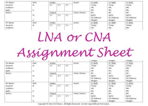 Cna Or Lna Assignment Sheet Etsy