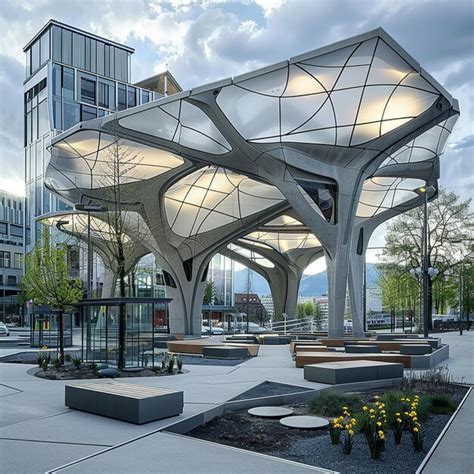 There Is A Large Building With A Glass Roof And A Bench Generative Ai