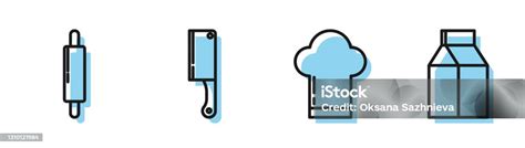 세트 라인 요리사 모자 롤링 핀 고기 헬기 및 우유 아이콘종이 패키지 벡터 강철에 대한 스톡 벡터 아트 및 기타 이미지 강철 고기 고기 칼 Istock