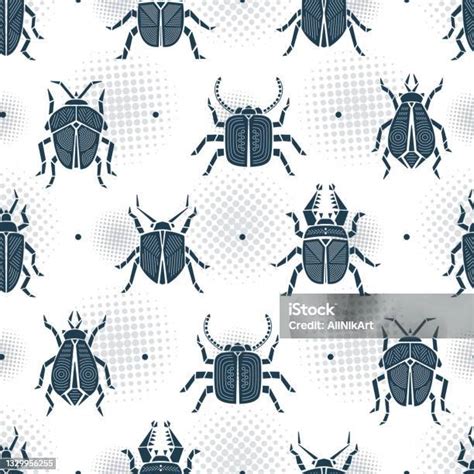 기하학적 버그 하프톤 레트로 흑백 원활한 패턴 다채로운 딱정벌레 추상적 배경 곤충 빈티지 배경 화면 벡터 일러스트레이션 0명에 대한 스톡 벡터 아트 및 기타 이미지 Istock