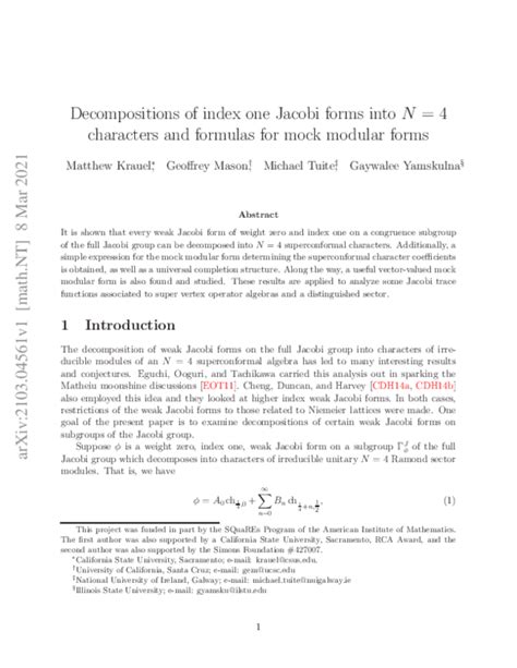 Pdf Decompositions Of Index One Jacobi Forms Into N4 Characters And Formulas For Mock