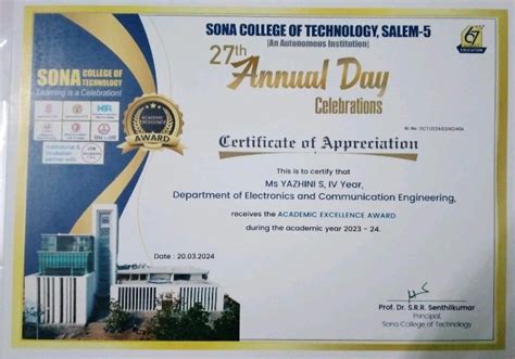 Yazhini S On Linkedin Academicachievement Award Gratitude Lifelonglearning Careergrowth