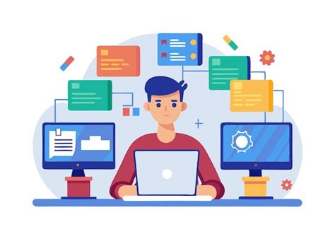 Programmer Working On Several Screens Vector Illustration Premium Ai