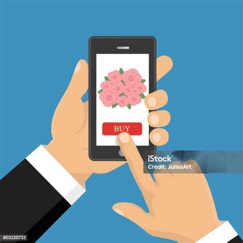 손 잡고 스마트폰 온라인 꽃 배달의 응용 프로그램입니다 평면 벡터 일러스트 레이 션 기업 재무와 산업에 대한 스톡 벡터 아트 및 기타 이미지 기업 재무와 산업 꽃 식물