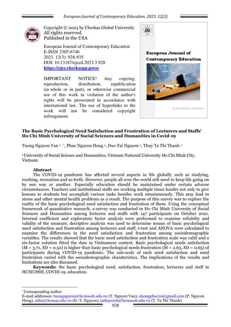 Pdf The Basic Psychological Need Satisfaction And Frustration Of Lecturers And Staffs Ho Chi