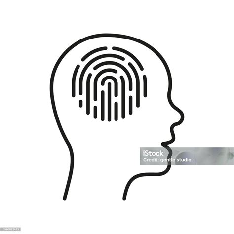 자기 정체성 라인 아이콘입니다 인간의 머리 선형 픽토그램의 지문 지문 윤곽선 기호를 식별합니다 자기 식별 지적 프로세스 기호입니다 편집 가능한 획 고립된 벡터 그림 개성