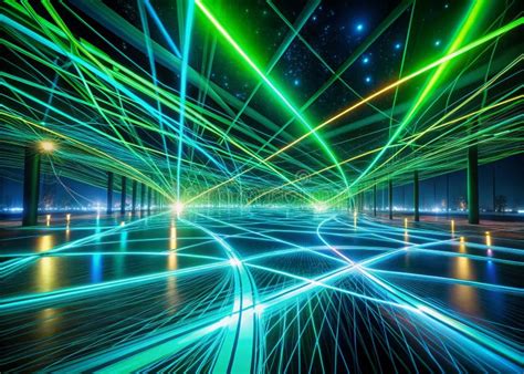 Dynamic Intersecting Lines Glowing Green And Blue Light Trails In An