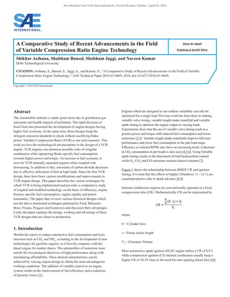 PDF A Comparative Study Of Recent Advancements In The Field Of Variable Compression Ratio