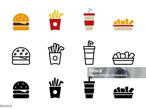 패스트 푸드 아이콘 세트입니다 햄버거 기호입니다 감자 튀김 기호입니다 치킨 너겟 벡터 일러스트 레이 션 콜라 소다 병 스낵 아이콘 세트입니다 식당 로고입니다 아이콘에 대한