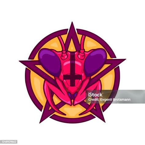 펜타그램 스타와 원 위의 사탄 만티스 로고 타입 음악 커버 티셔츠 디자인 또는 기타 인쇄를위한 평평한 배경에 컬러 일러스트레이션 거의 대칭 T 셔츠에 대한 스톡 벡터 아트