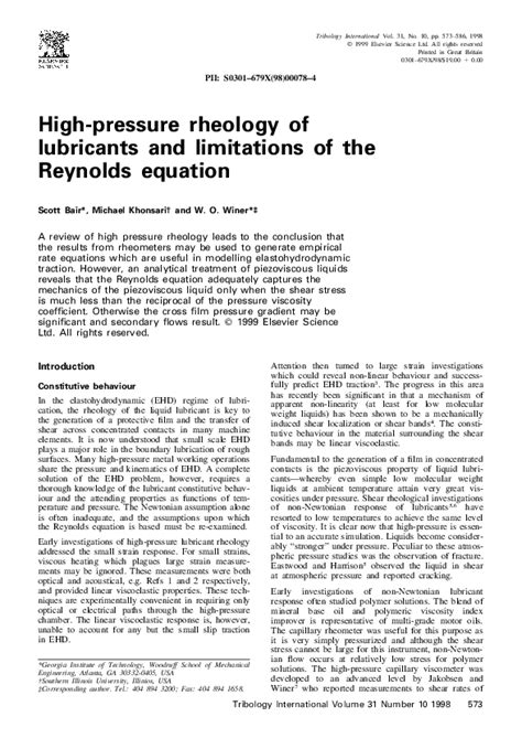Pdf High Pressure Rheology Of Lubricants And Limitations Of The Reynolds Equation