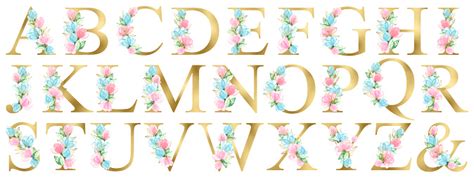 투명한 꽃잎이 있는 핑크와 블루 플라워가 있는 수채화 골드 플로럴 알파벳 세트 꽃 문자 결혼식 초대장 베이비 샤워 승화 디자인 생일 다른 개념 아이디어 개체 그룹에 대한