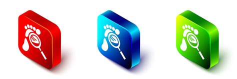 흰색 배경에 격리 된 발자국 아이콘이있는 동급 돋보기 형사는 조사하고 있습니다 발자국을 따르십시오 빨간색 파란색 및 녹색 사각형 버튼 벡터 Criminal