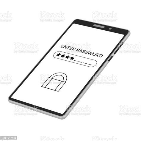 흰색으로 격리된 등극 프로젝션에서 휴대폰 화면에 암호 개념을 입력합니다 암호 필드와 별표가있는 스마트 폰 벡터 그림입니다 에 대한 스톡 벡터 아트 및 기타 이미지