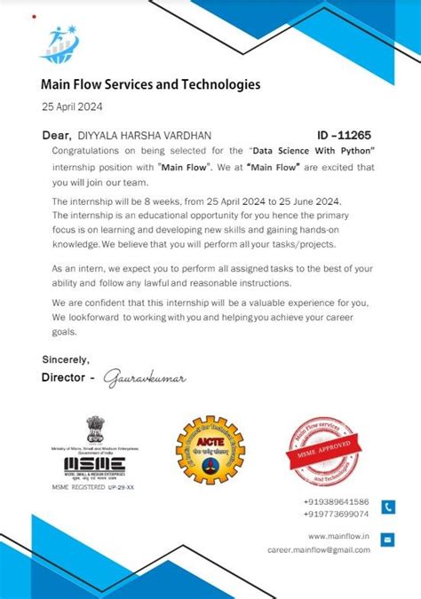 Got An Internship Offer From Main Flow For Data Science Harsha Vardhan Diyyala Posted On The