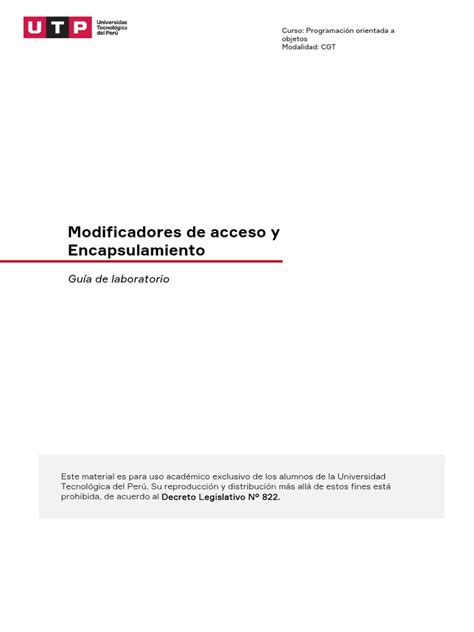 Semana 2 S1 Manual Encapsulamiento Y Modificadores De Acceso Pdf Objeto Informática