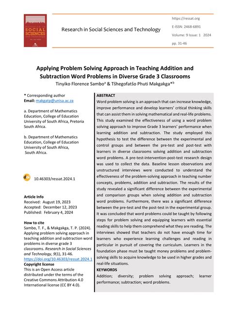 Pdf Applying Problem Solving Approach In Teaching Addition And Subtraction Word Problems In