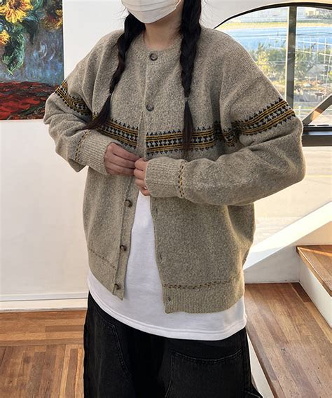 이피 포근폭닥 노르딕 남녀공용 라운드넥 노르딕 눈꽃 아가일 니트가디건 빅사이즈 커플