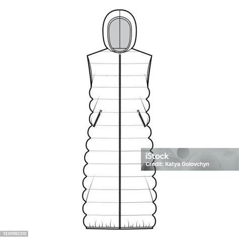 후드 다운 조끼 퍼퍼 웨이스트 코트 기술 패션 일러스트 와 Zipup 클로저 미디 길이 클래식 퀼팅 0명에 대한 스톡 벡터 아트 및 기타 이미지 Istock