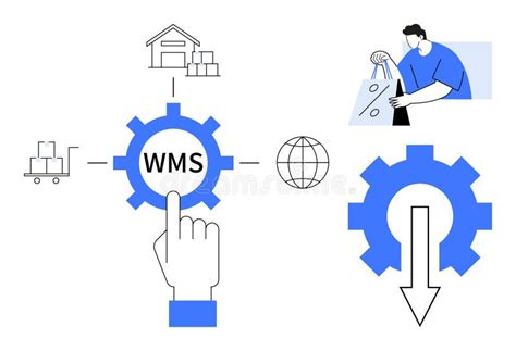 Warehouse Management System Wms Concept With Gear Icon Cart Globe Warehouse And Worker Stock
