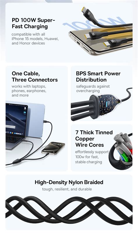 Cáp Sạc Nhanh Đa Năng 1 for 3 Baseus Flash Series 3 100W C to 3 C