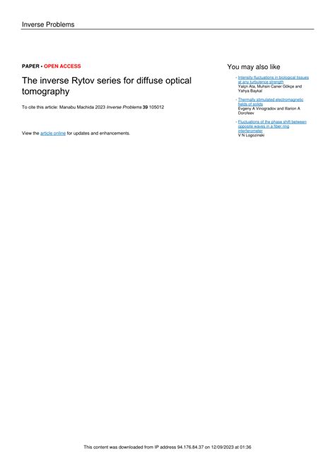 PDF The Inverse Rytov Series For Diffuse Optical Tomography