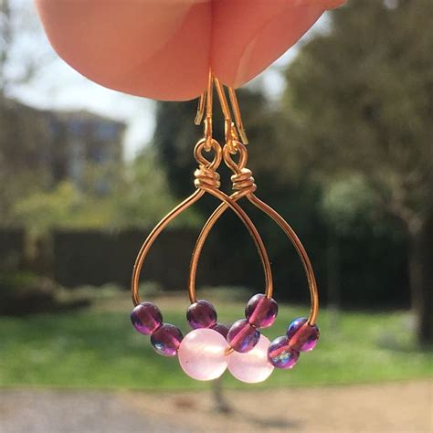 Bohemian Hooped Rose Quartz And Gold Earringsboho Pink Purple Hoops