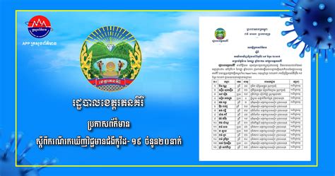រដ្ឋបាលខេត្តរតនគិរីចេញសេចក្តីប្រកាសព័ត៌មានស្តីពីករណីរកឃើញវិជ្ជមានជំងឺកូវីដ ១៩ ចំនួន២០នាក់