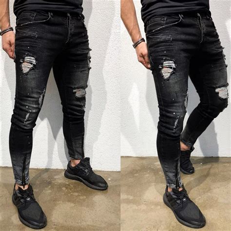 Mens Skinny Stretch Denim Broek Verontruste Ripped Grandado