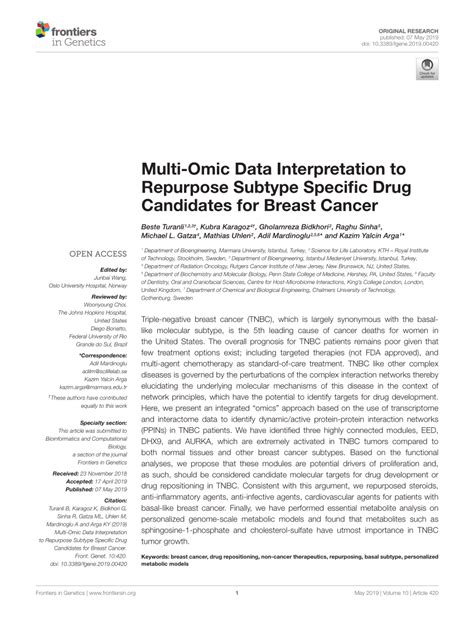 Pdf Multi Omic Data Interpretation To Repurpose Subtype Specific Drug Candidates For Breast Cancer