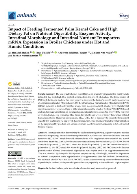 Pdf Impact Of Feeding Fermented Palm Kernel Cake And High Dietary Fat On Nutrient