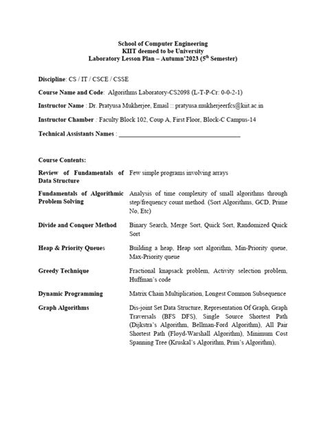 Lesson Plan By Dr Pratyusa Mukherjee Pdf Time Complexity Algorithms