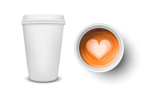 벡터 3d 사실적인 종이 흰색 일회용 컵 세트 우유 커피 거품 심장 패턴으로 격리 격리 라떼 카푸치노 스톡 벡터 일러스트레이션 디자인 템플릿입니다 상단 및 전면 보기 공란에
