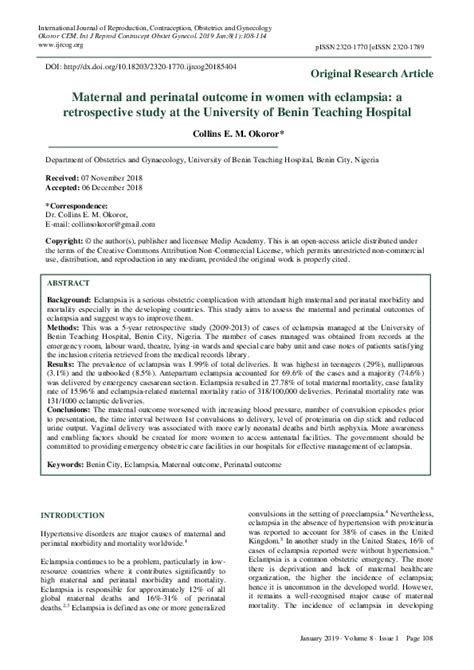 Pdf Maternal And Perinatal Outcome In Women With Eclampsia A