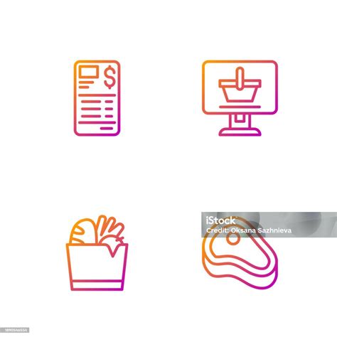 세트 라인 스테이크 고기 쇼핑백 및 음식 종이 또는 재정 수표 및 컴퓨터의 카트 그라데이션 색상 아이콘 벡터 0명에 대한 스톡